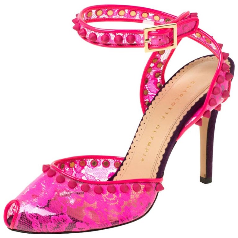 Charlotte Olympia Neon Pink Print PVC Soho Studded Ankle Strap Sandals ...