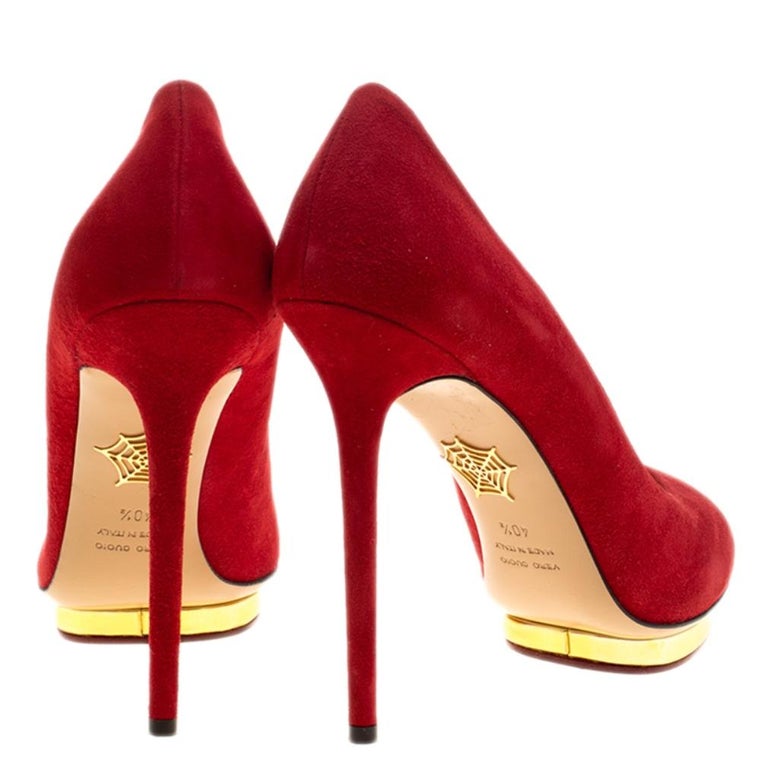 Charlotte Olympia Red Suede Dotty Platform Pumps Size 40.5 For Sale at ...