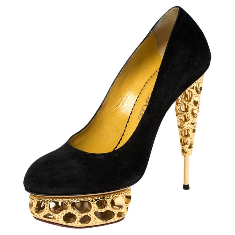 Charlotte Olympia Suede Gold Sculptured Heel Objets D'Art Pumps Size 39 ...
