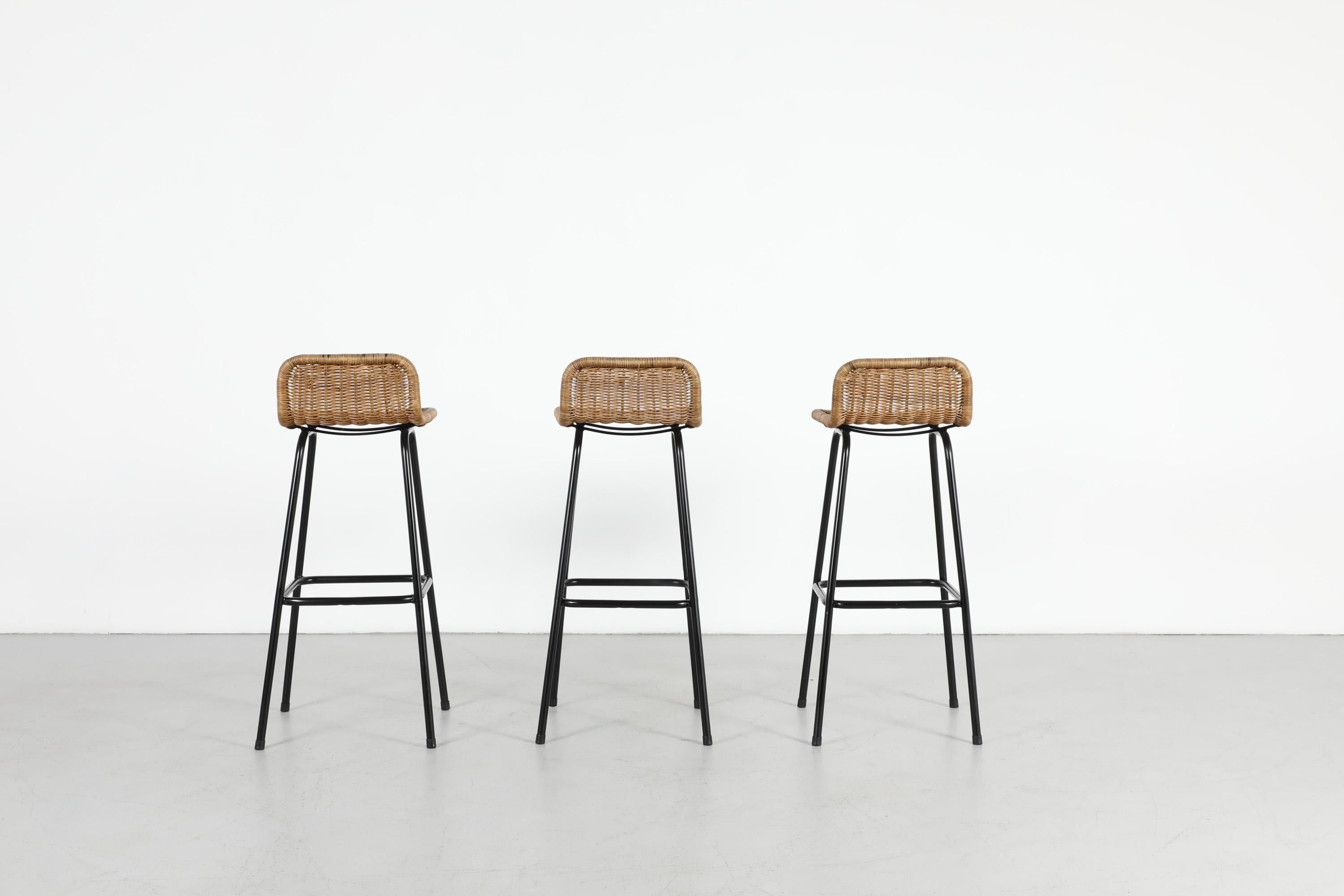 Charlotte Perriand Style Wicker Bar Stools with Black Frames For Sale ...