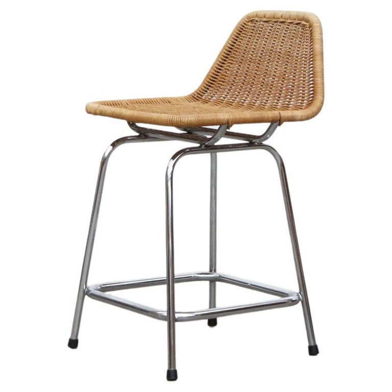 Charlotte Perriand Style Wicker Counter Stool with Chrome Legs For Sale ...