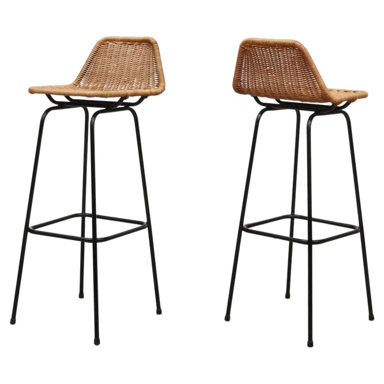 Charlotte Perriand Style Wicker Stools with Angled Back and Black Legs ...