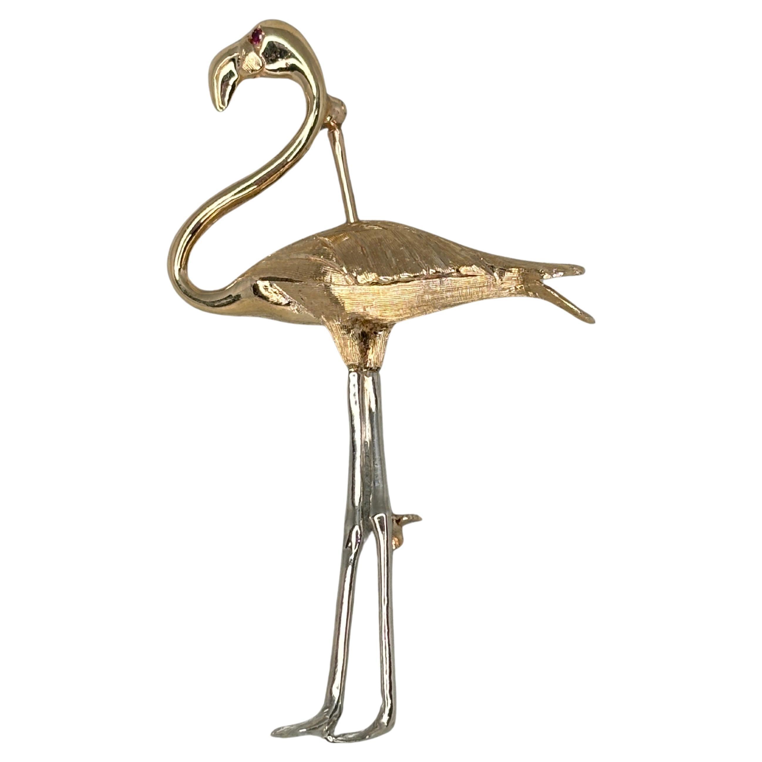 Charming 14k Yellow and White Gold Natural Ruby Flamingo Vintage Brooch ...