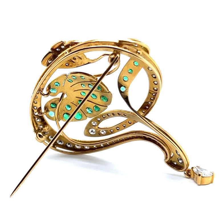 Charming Brooch in 18 Karat Yellow Gold with Emeralds and Diamonds For ...