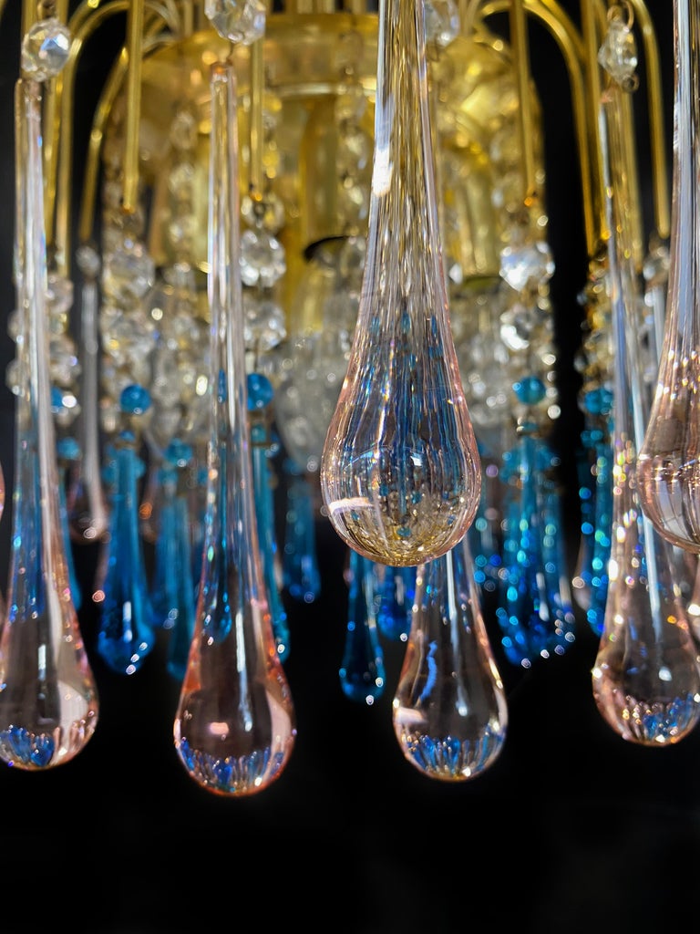 Charming Chandelier Blue and Pink Drops Glass, Murano, 1970s at 1stDibs