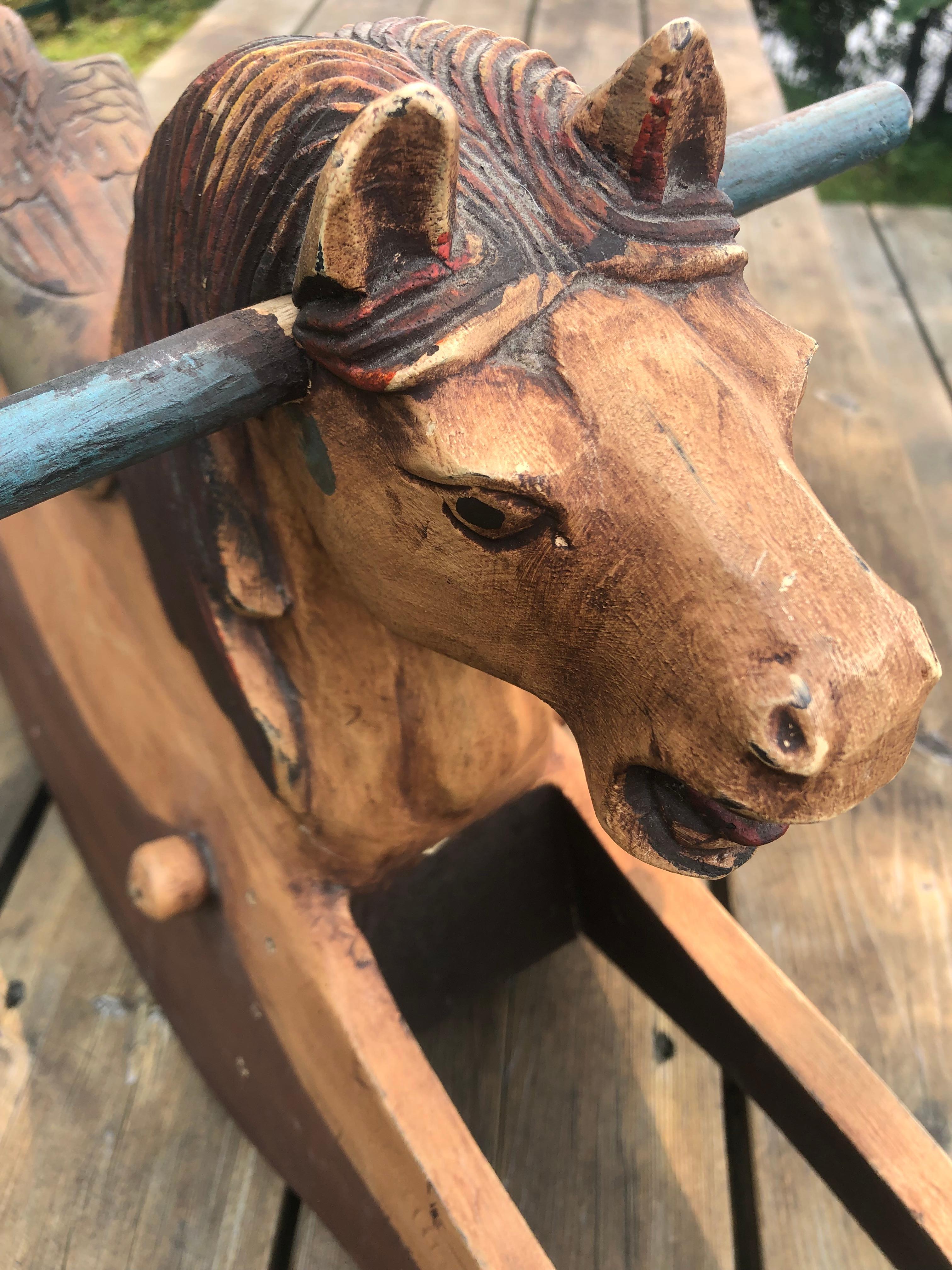 Charming Handmade Carved Wood Folk Art Rocking Horse Sculpture Toy For ...