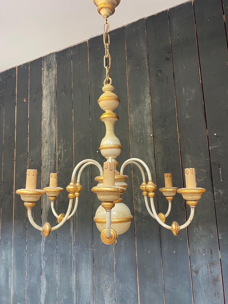 Charming Little Neo Romantic Chandelier in Patinated Wood circa 1960 ...