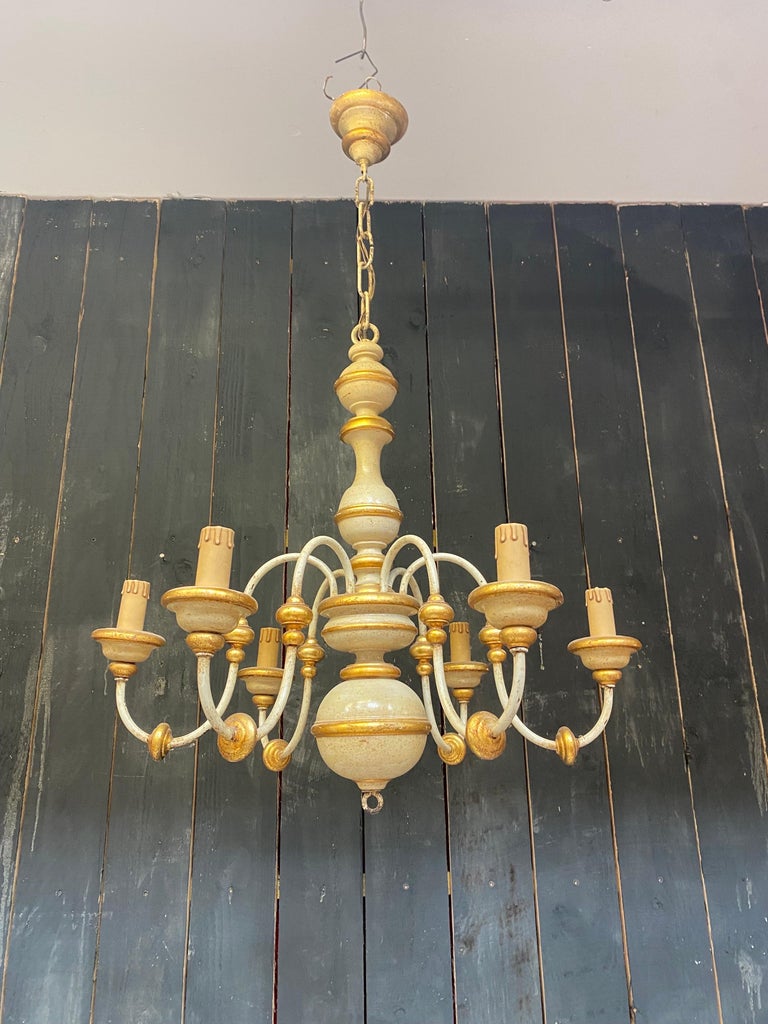 Charming Little Neo Romantic Chandelier in Patinated Wood circa 1960 ...