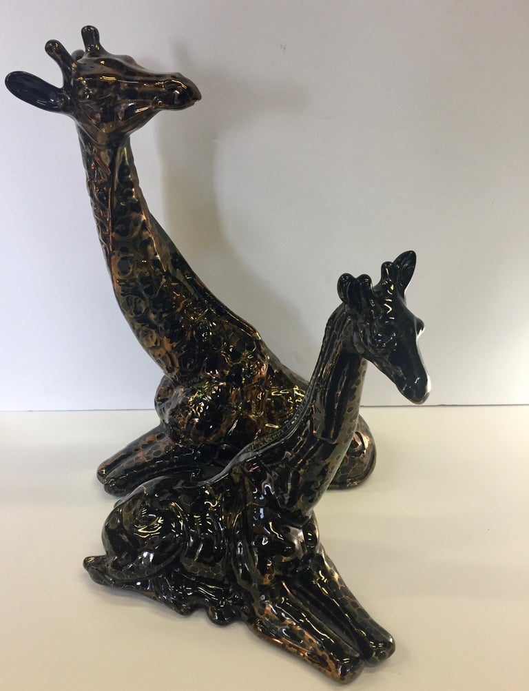 Charming Pair of Ceramic Metallic Giraffe Sculptures For Sale at 1stDibs