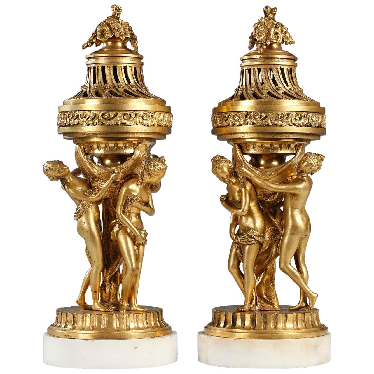 Pair of Gilded Bronze and Marble Perfume Burners After E-M Falconet ...