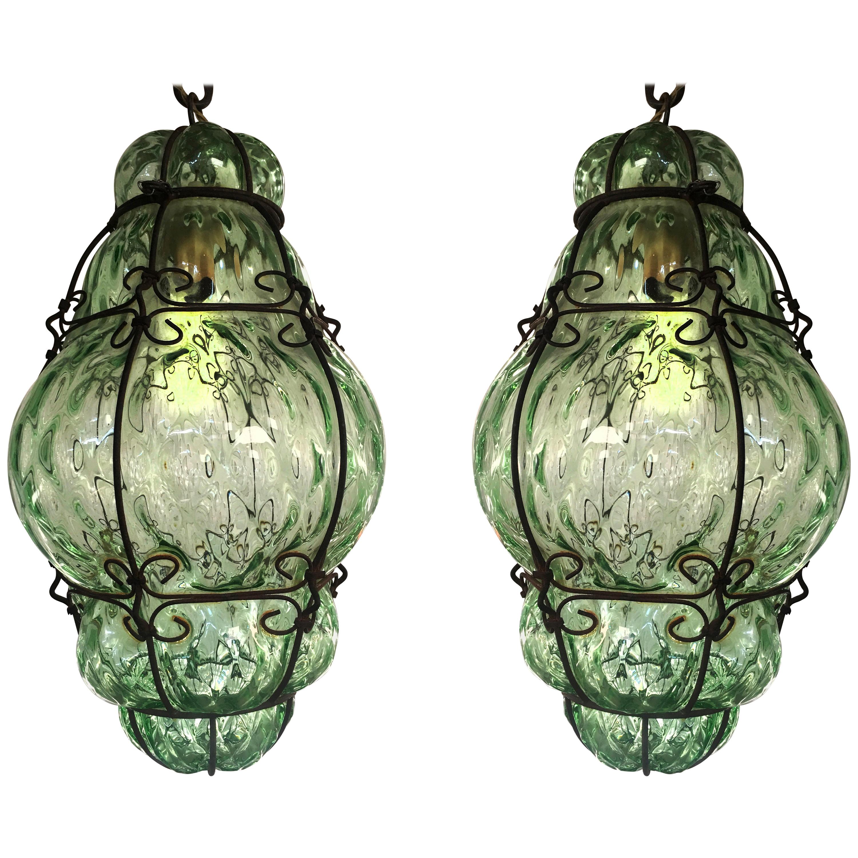 Pair of Murano Glass and Brass Lanterns For Sale at 1stDibs