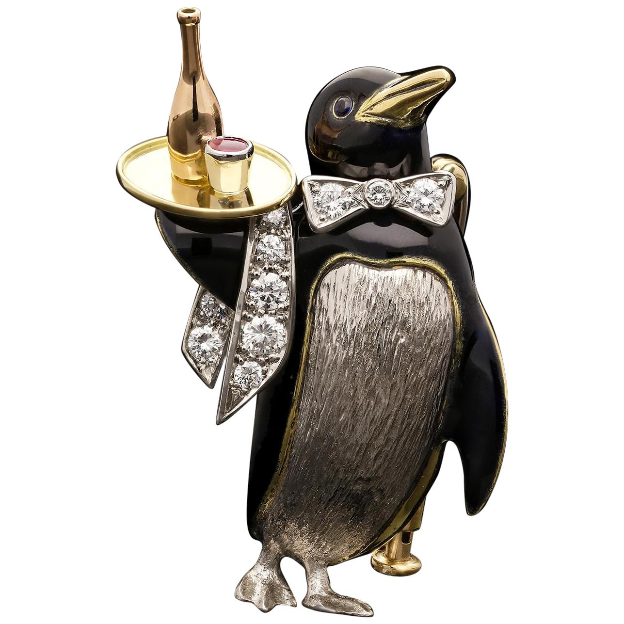 Friedrich Enamel Diamond Lady Penguin Brooch For Sale at 1stDibs