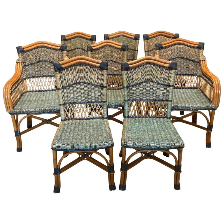 Charming Set of 8 Grange Stained Rattan and Wood Dining Chairs For Sale ...