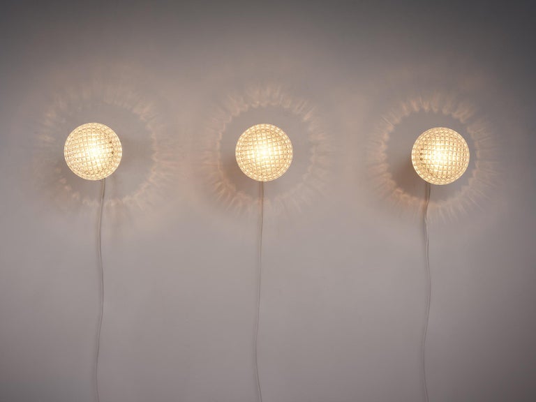 Charming Set of Three Wall Lights in Structured Glass and Brass For ...