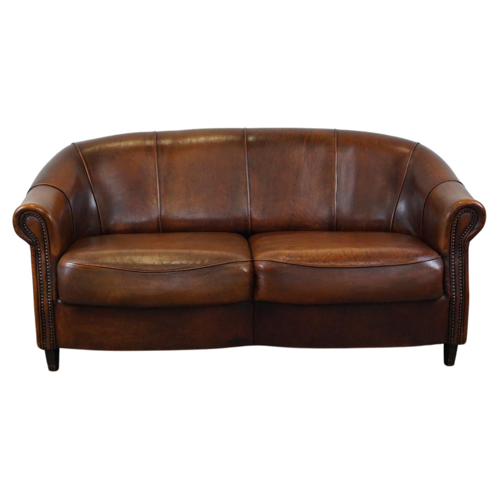 Charming sheepskin leather 2-seater sofa with fixed seat cushions For ...