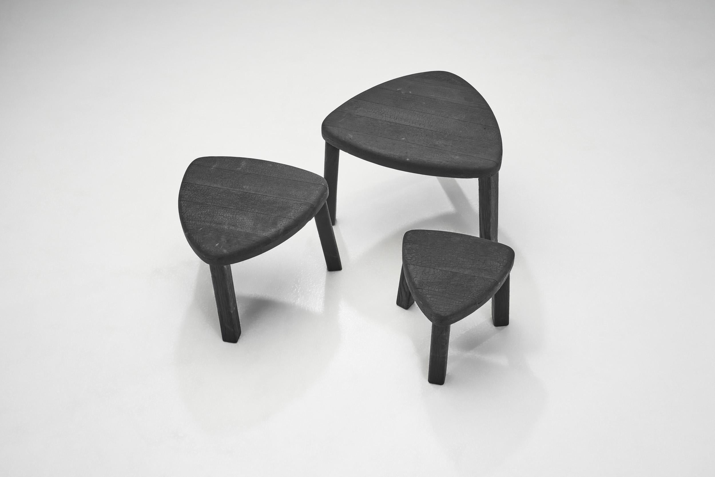Charred Triangular Nesting Tables, Europe ca 1970s at 1stDibs