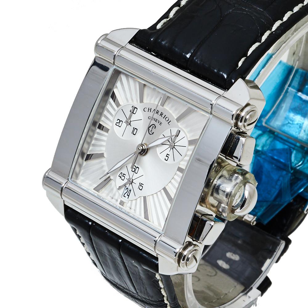 Charriol Silver Stainless Steel Leather Chronograph Actor CCHCXL Men's ...