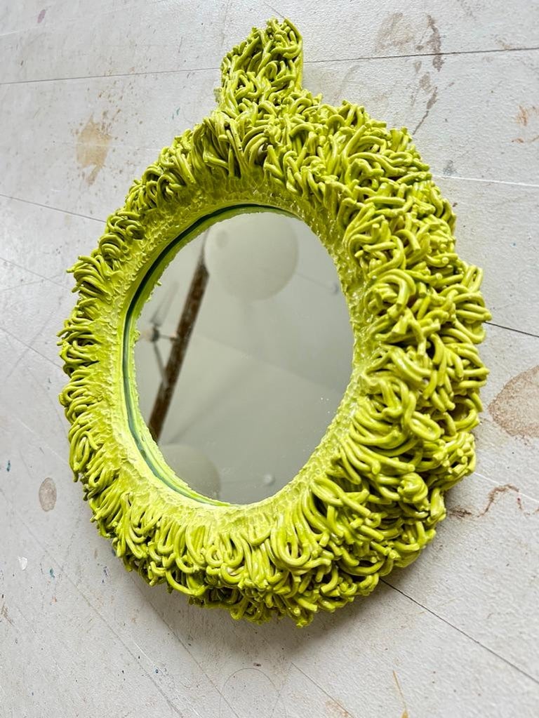 Chartreuse Ceramic Shag Mirror For Sale at 1stDibs