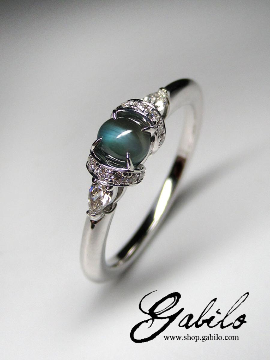 Chatoyancy Alexandrite Diamond Gold Ring Engagement Teal Green Art Deco ...