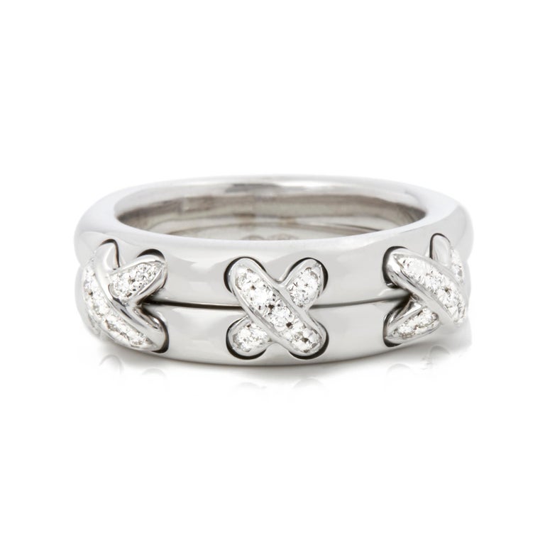 Chaumet 18 Karat White Gold Round Cut Diamond Three Cross Liens Band ...