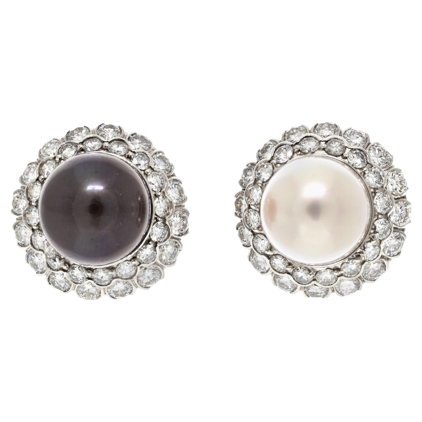 18 Karat White Gold Diamond Cultured Pearl Earring Signed by Chaumet ...