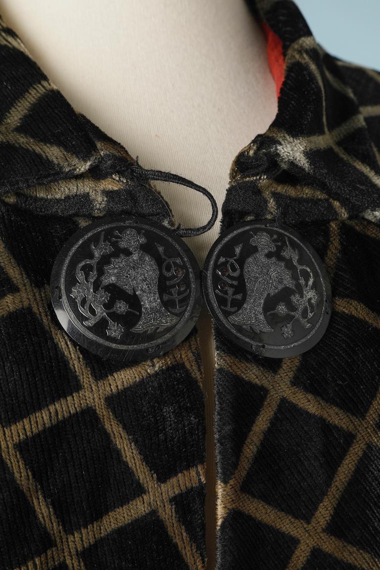 Check pattern velvet cape with graven horn brooch attach Circa 1930 For ...