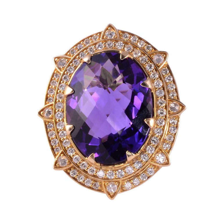 Checkerboard Cut Amethyst Diamond Cocktail Ring For Sale at 1stDibs