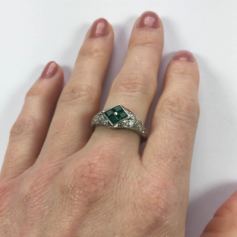 Checkerboard Invisibly-Set Emerald Diamond Pave Platinum Ring For Sale ...