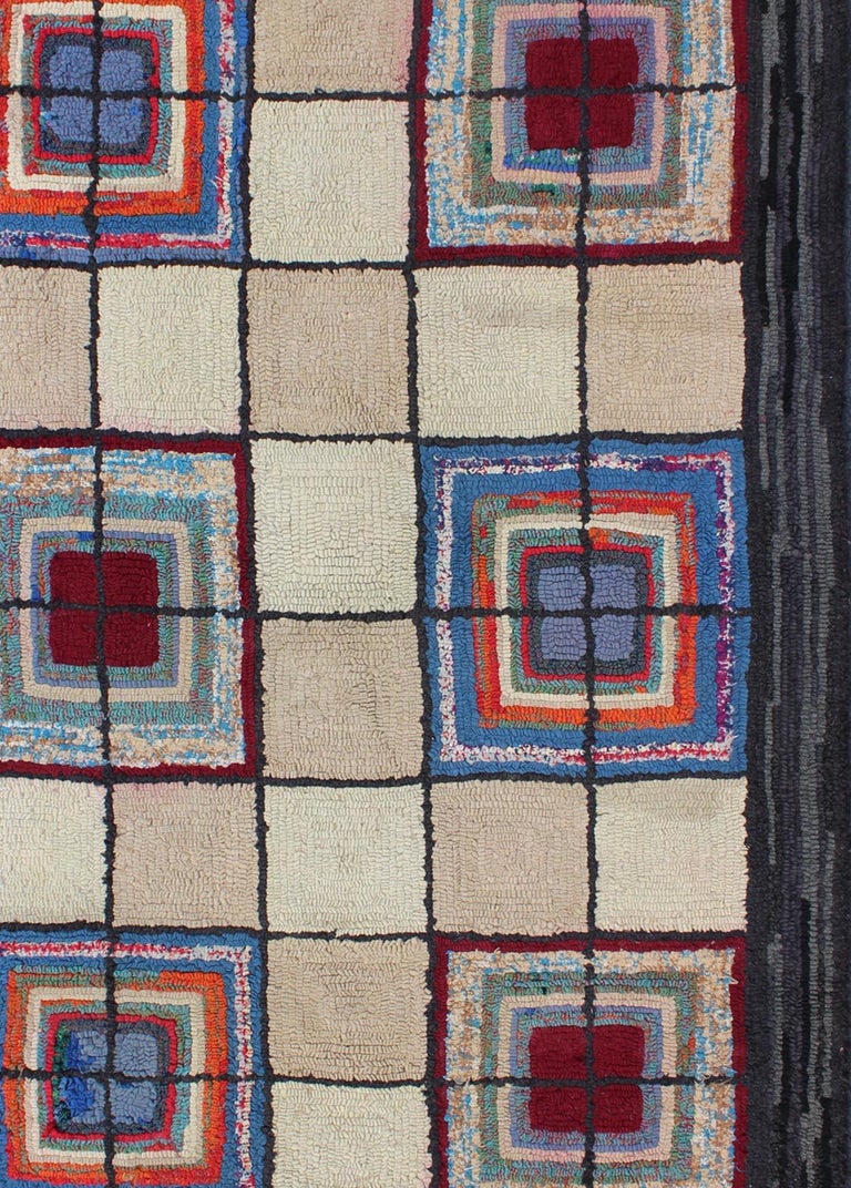 Checkerboard Vintage American Hooked Rug with Geometric Cross Designs ...