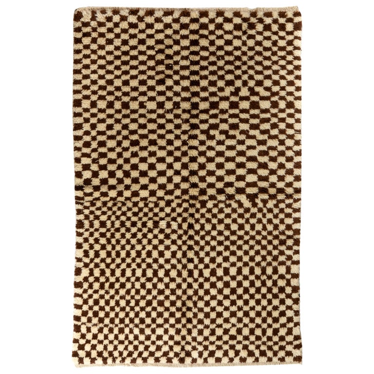 Handmade Checkered Beige and Brown Tulu Rug. 100% Wool. Custom Options ...