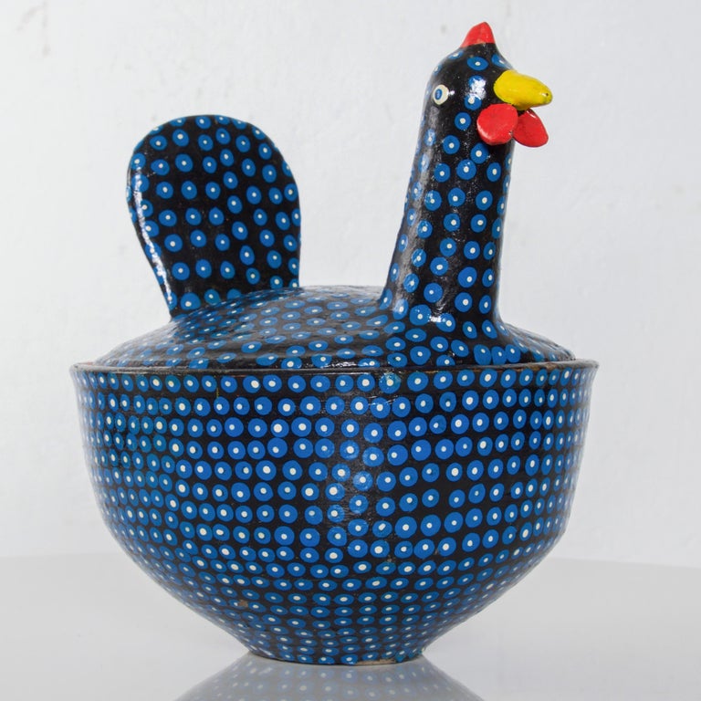 Cheery Hand Painted Blue Chicken Hen on Nest Covered Pot Splashy Red ...