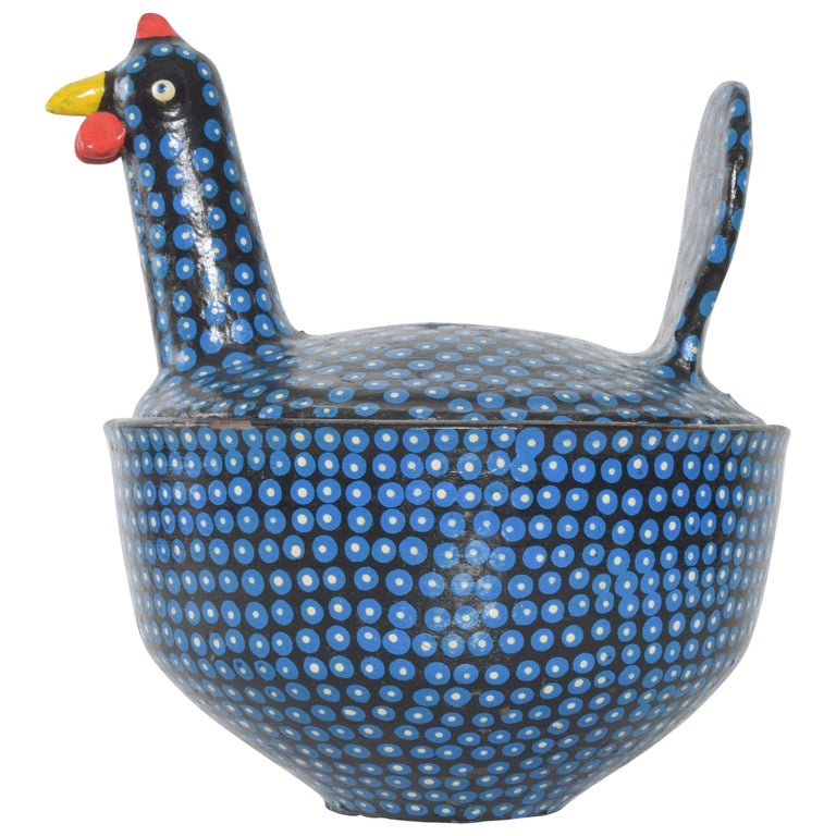 Cheery Hand Painted Blue Chicken Hen on Nest Covered Pot Splashy Red ...
