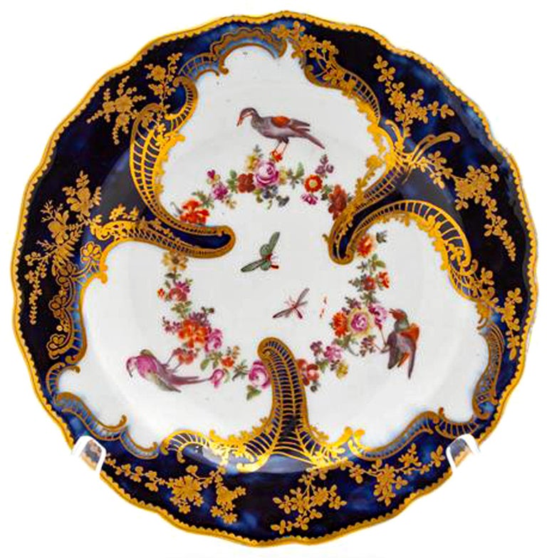 Chelsea Rococo Porcelain Mazarine Blue Plate with Birds and Flowers ...