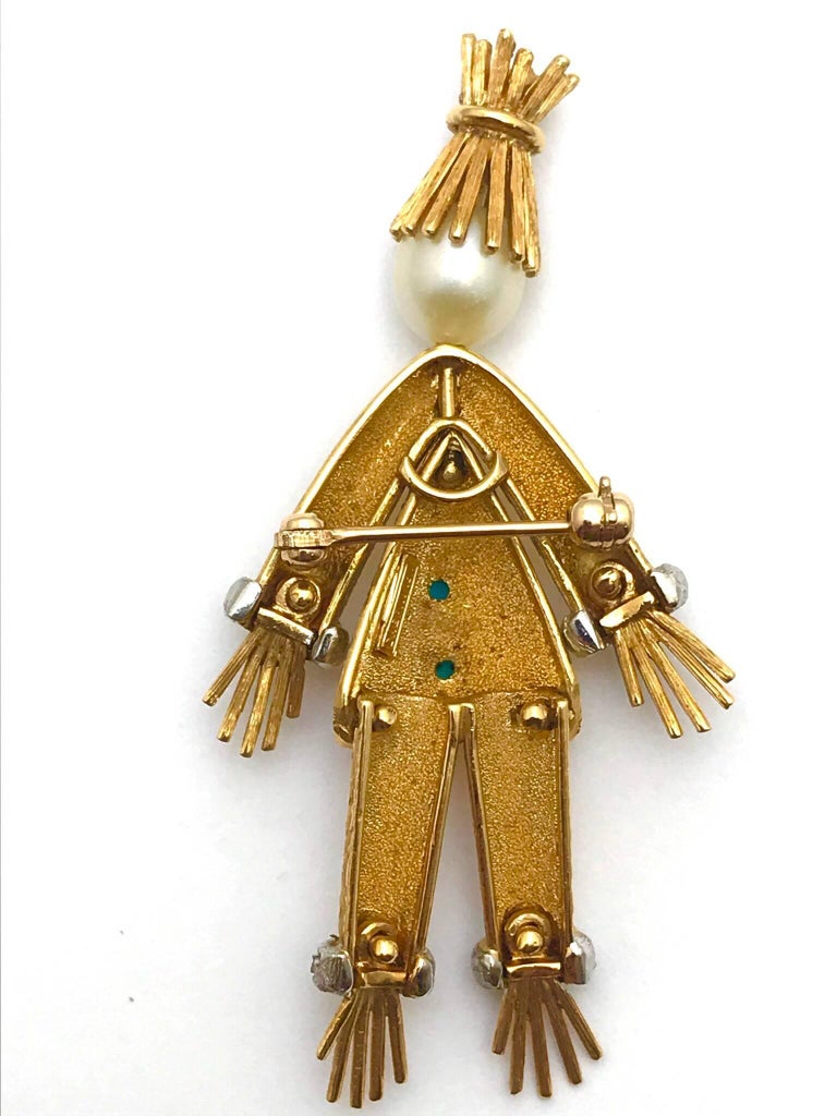 Cherny Cultured Pearl Diamond and Turquoise Yellow Gold Scare Crow ...