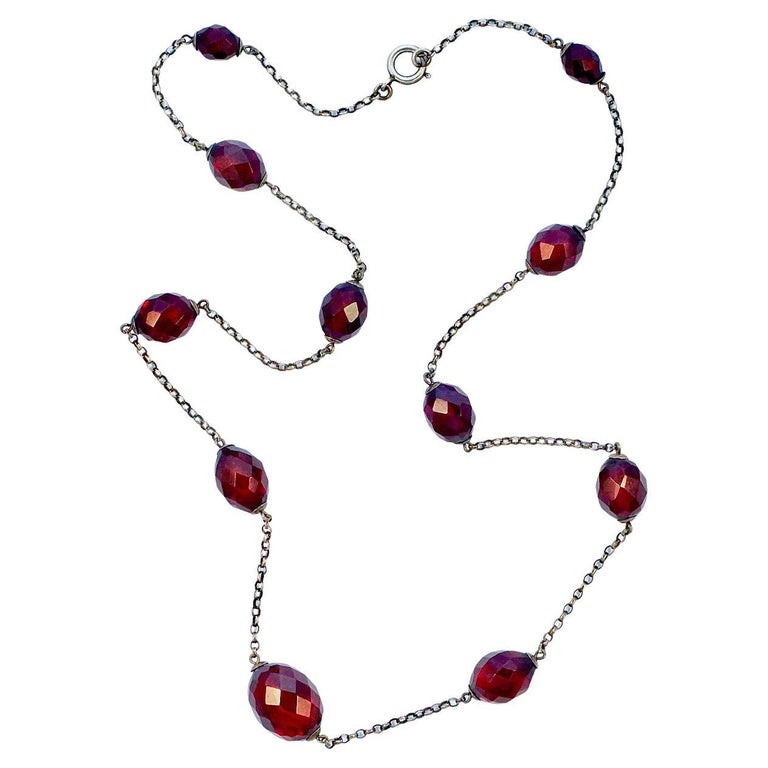 Cherry Red Bakelite Graduated Faceted Bead Necklace on Sterling Silver ...