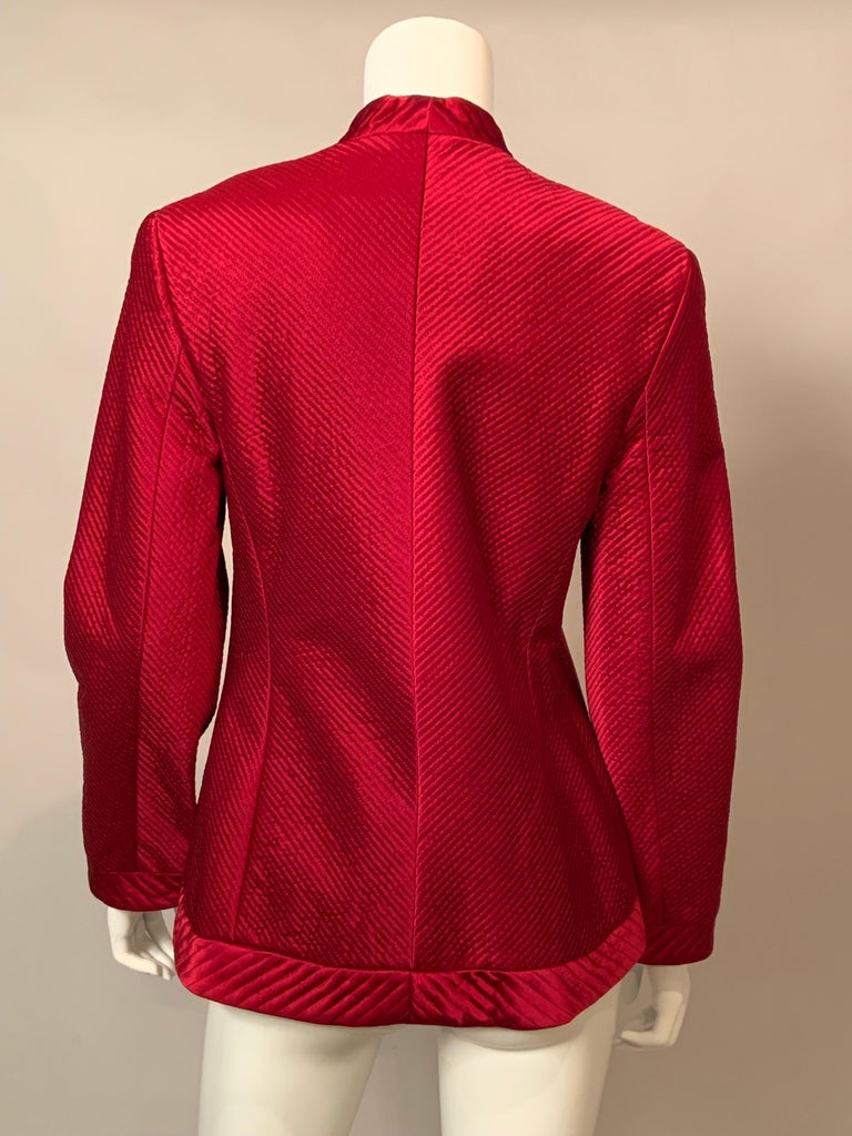 Cherry Red Diagonally Quilted Silk Jacket For Sale at 1stDibs