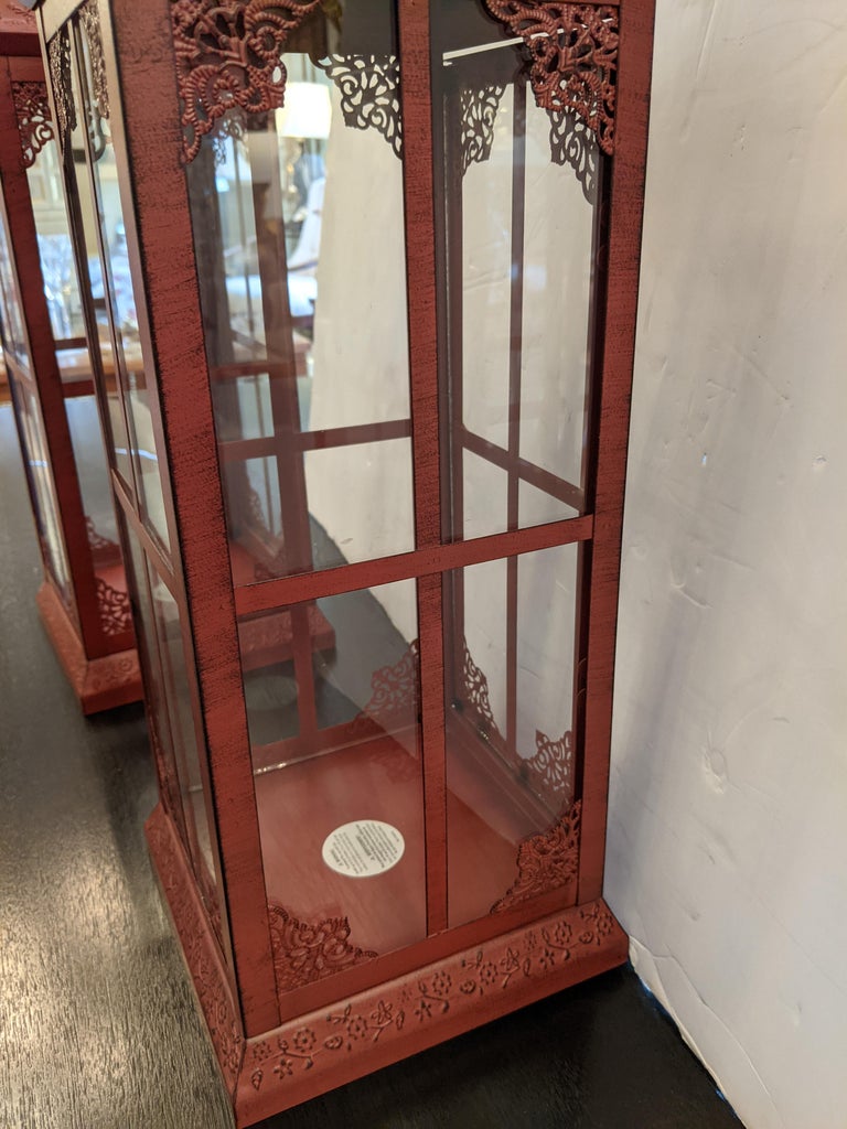 Cherry Red Pair of Metal and Glass Lanterns For Sale at 1stDibs