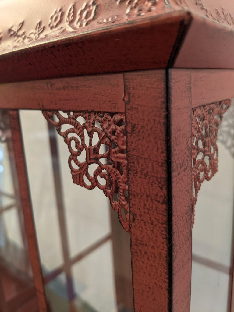 Cherry Red Pair of Metal and Glass Lanterns For Sale at 1stDibs