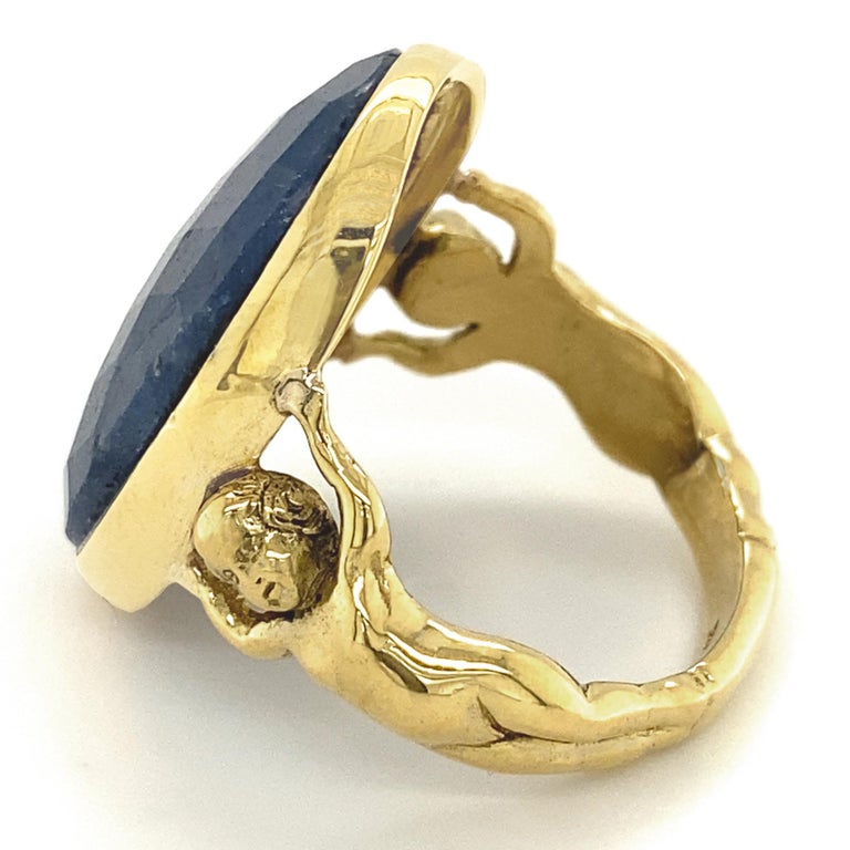 Cherub Figural Solitaire Ring with Rose Cut Sapphire in 18 Karat Yellow ...