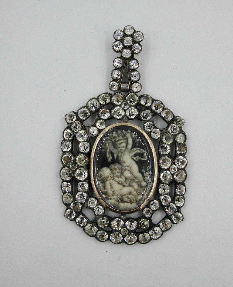 Cherub Locket Pendant 19th Century French Black Dot Paste Silver En ...
