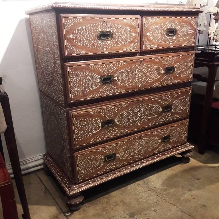Chest of Drawers, Bone-Inlaid with Marble Top from India, 20th Century ...