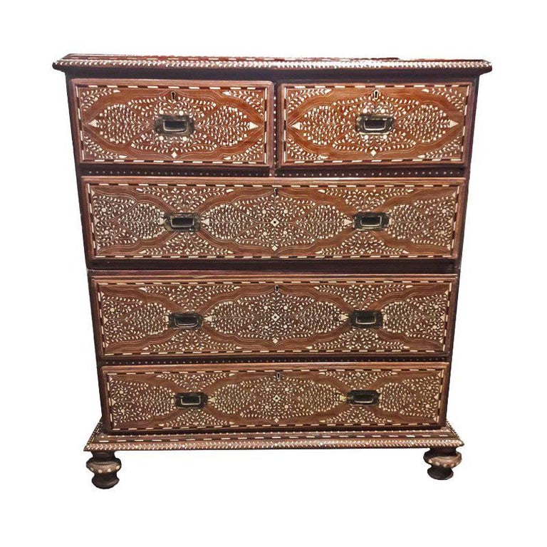 Chest of Drawers, Bone-Inlaid with Marble Top from India, 20th Century ...