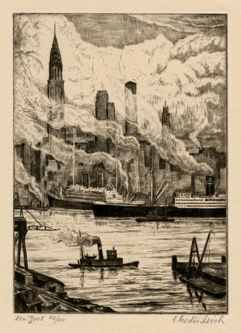 Chester Leich - New York" - Gravure à l'eau-forte sur une scène ...