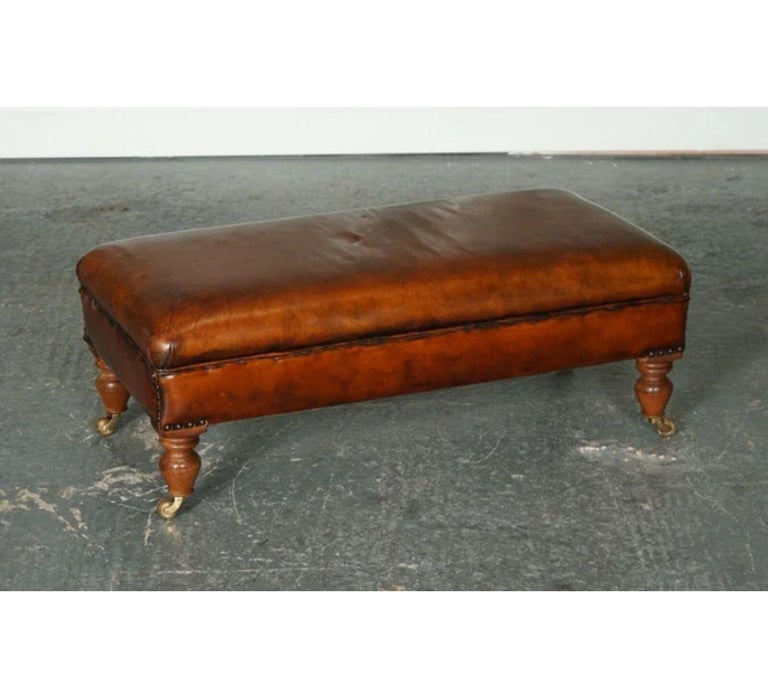 Chesterfield Hand Dyed Leather Footstool on Brass Castors For Sale at ...