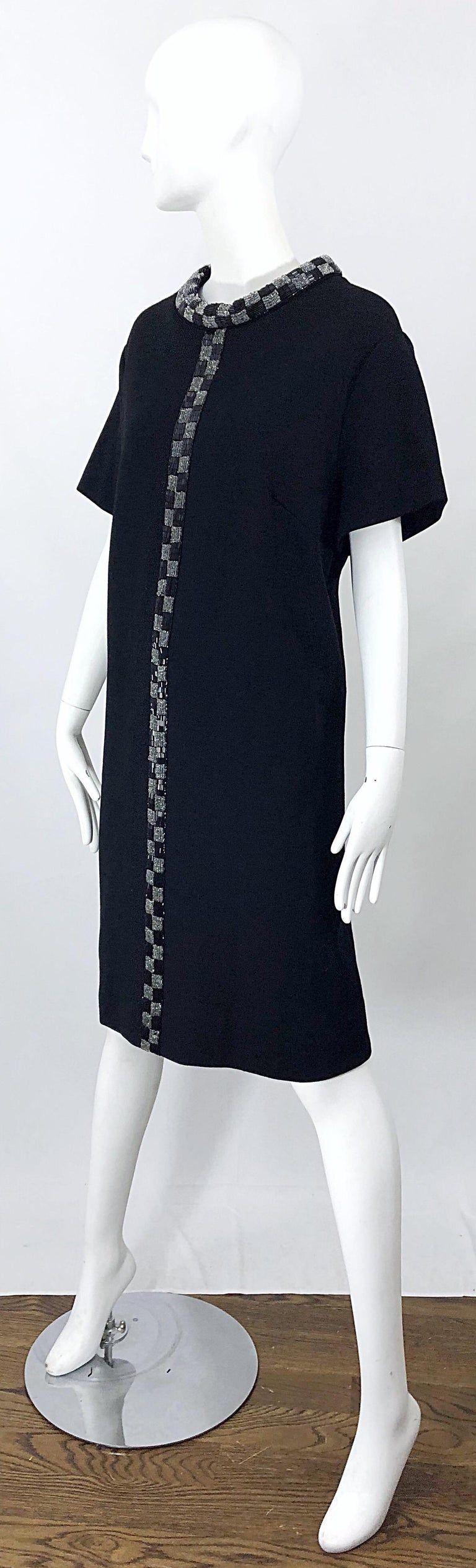 Chic 1960s Black Large Plus Size Beaded Vintage 60s Wool Shift Dress ...