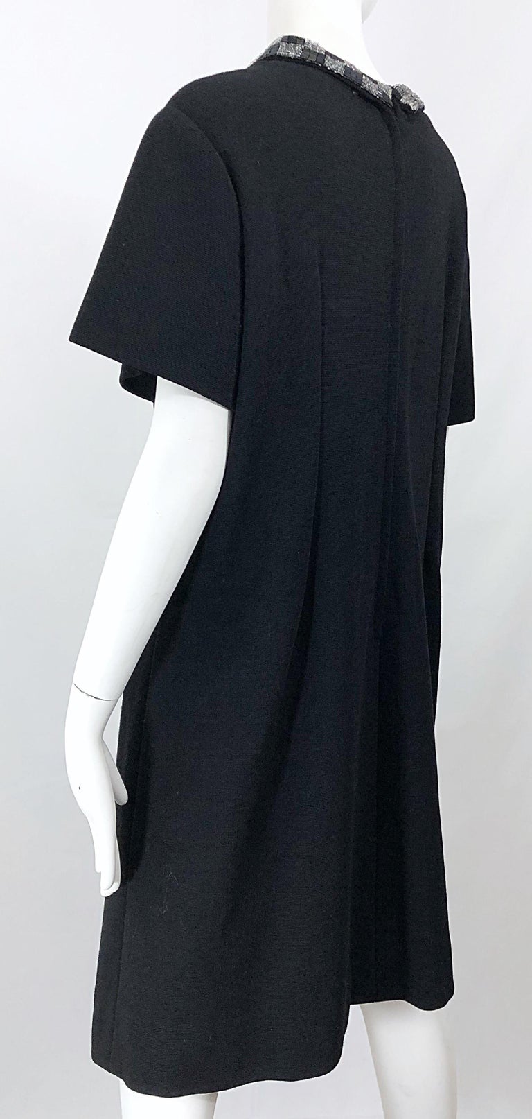 Chic 1960s Black Large Plus Size Beaded Vintage 60s Wool Shift Dress ...