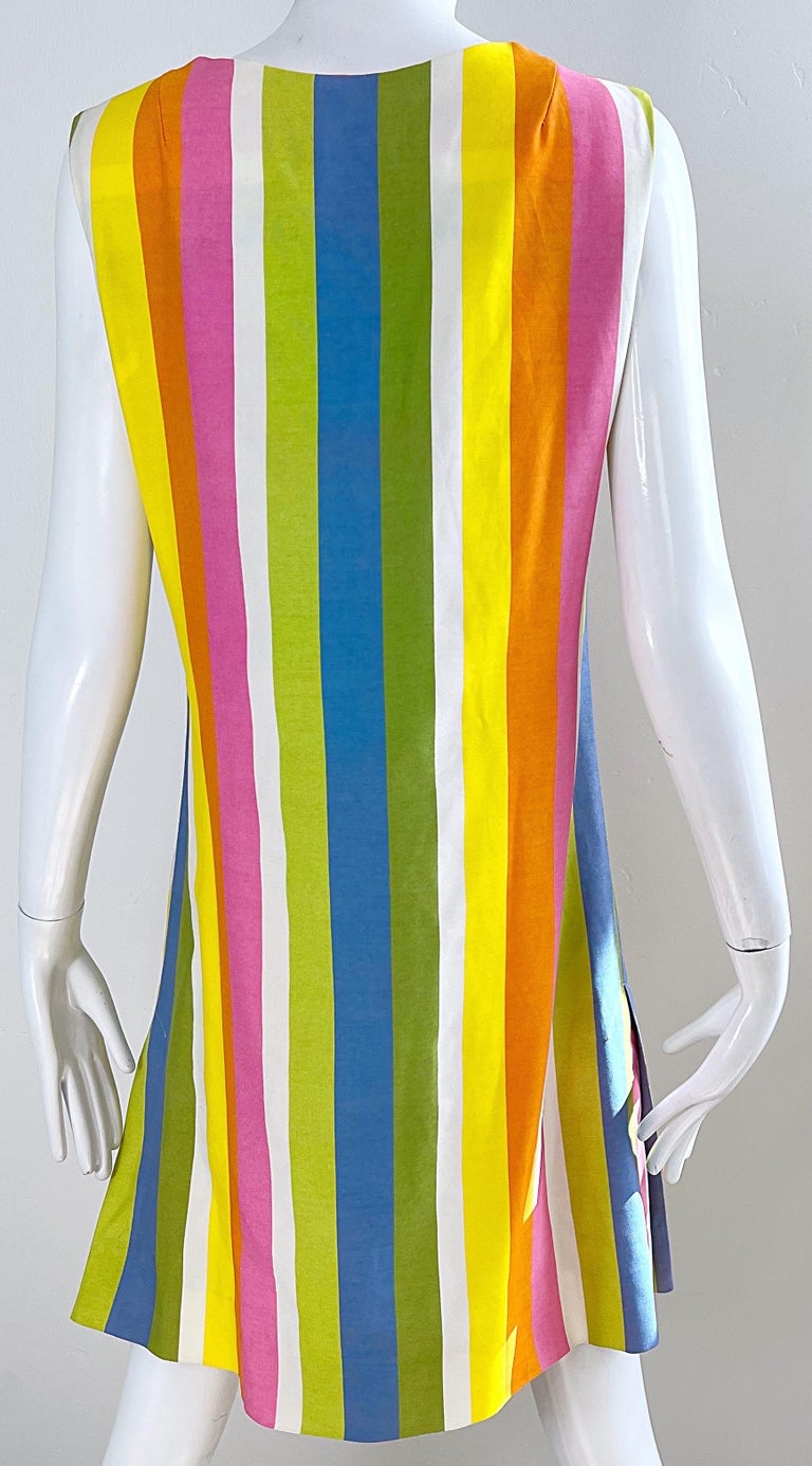 Chic 1960s Colorful Striped Linen Blend Vintage 60s Mod Shift Dress For ...