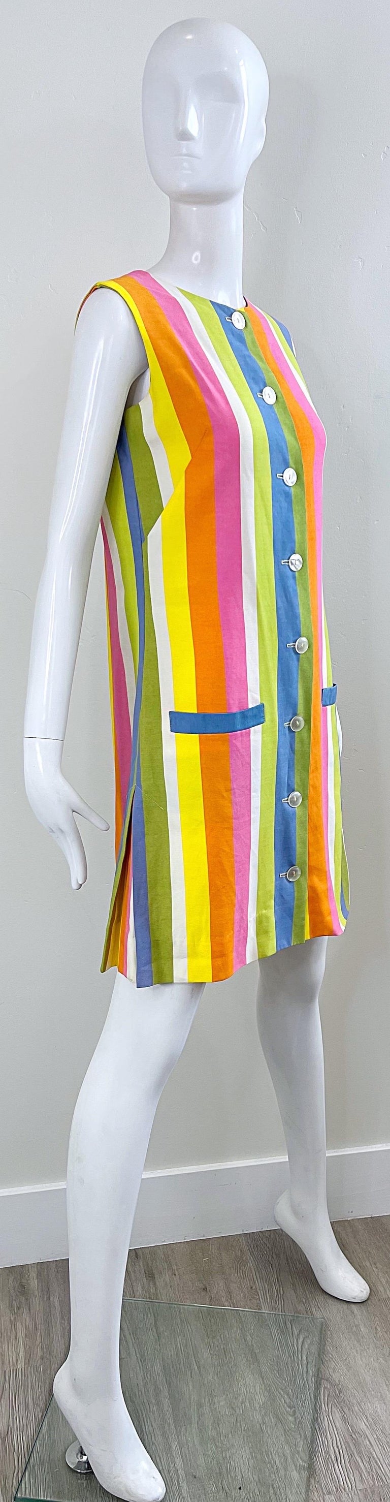 Chic 1960s Colorful Striped Linen Blend Vintage 60s Mod Shift Dress For ...