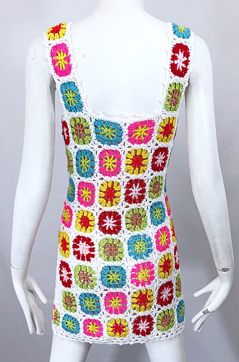 Chic 1960s Hand Crochet Colorful Flower Power Vintage 60s Mini Dress / Tunic at 1stDibs