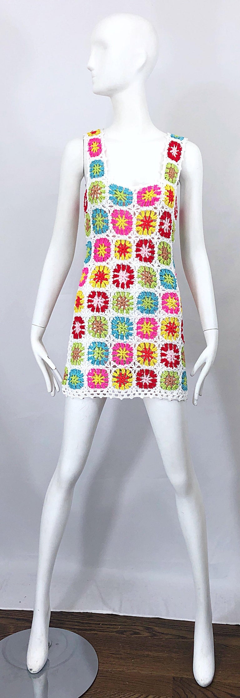 Chic 1960s Hand Crochet Colorful Flower Power Vintage 60s Mini Dress / Tunic at 1stDibs